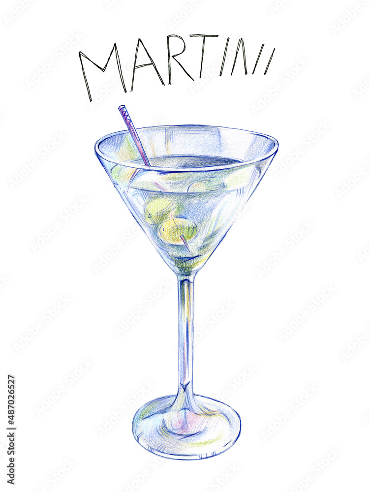 Martini Glass cocktail. Outline word inscription. Traditionally two ...