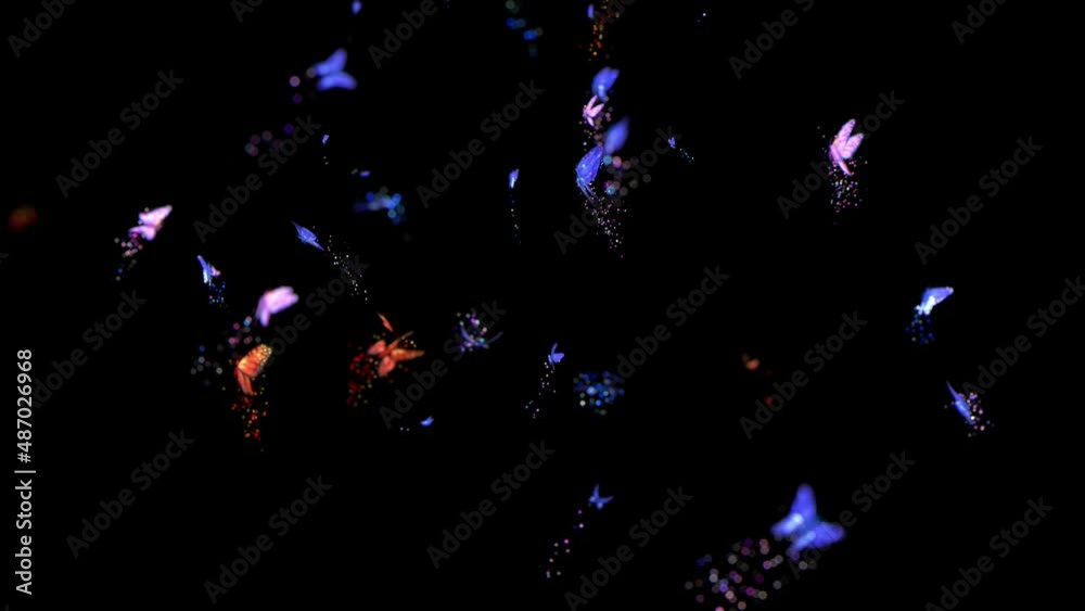 Magical butterflies of different colors fly, leaving behind a trail of ...