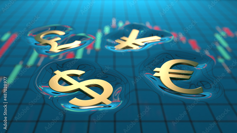 Poster Dollar, Euro, Yen, British Pound symbols floating on currency ...