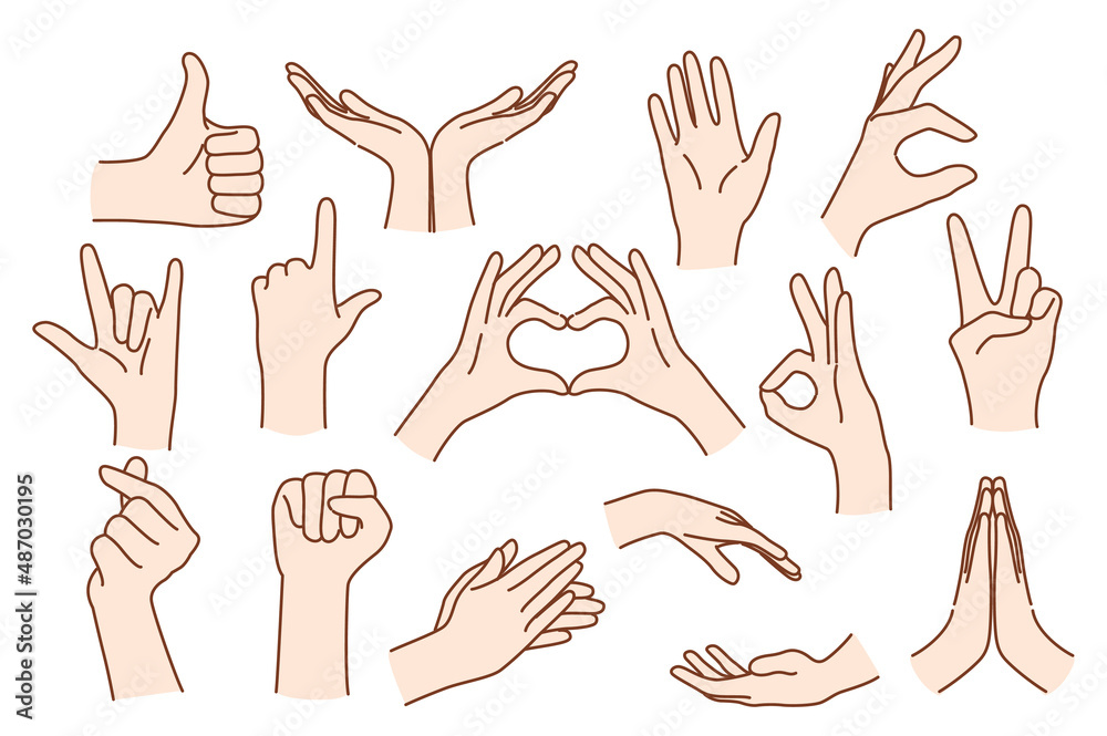 Plakat Set of person hands show different hand gestures expressing thoughts and emotions. Man or ...