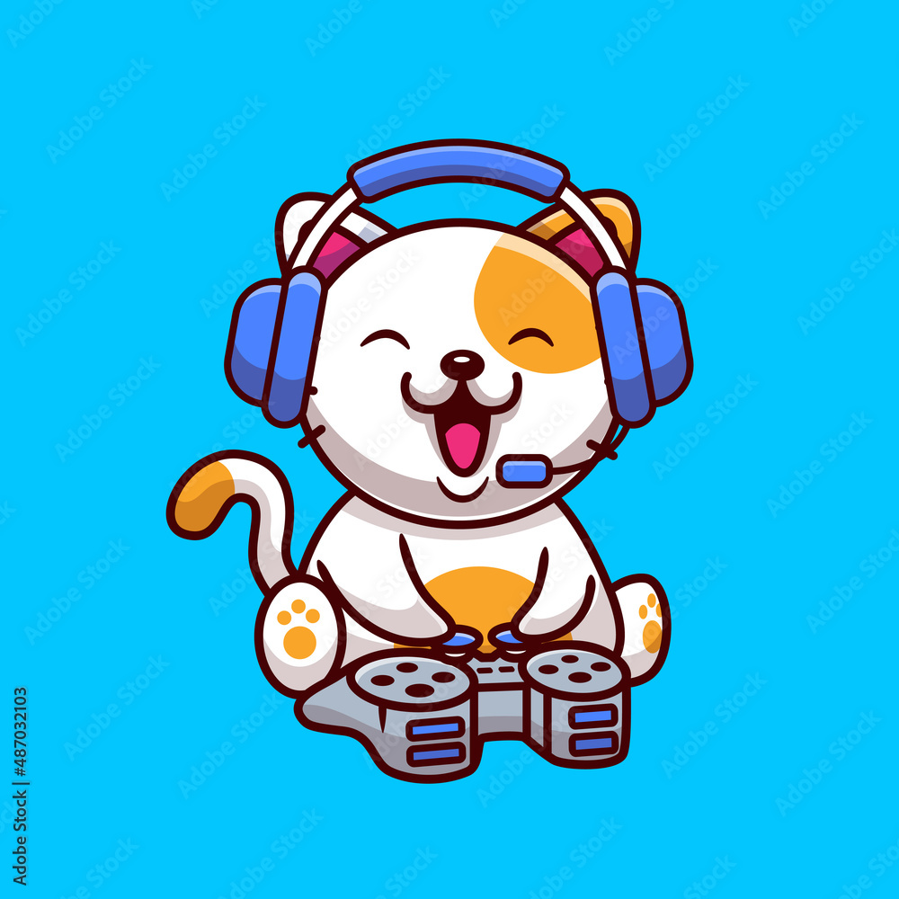 Cute Cat Gaming With Headphone And Console Cartoon Vector Icon ...