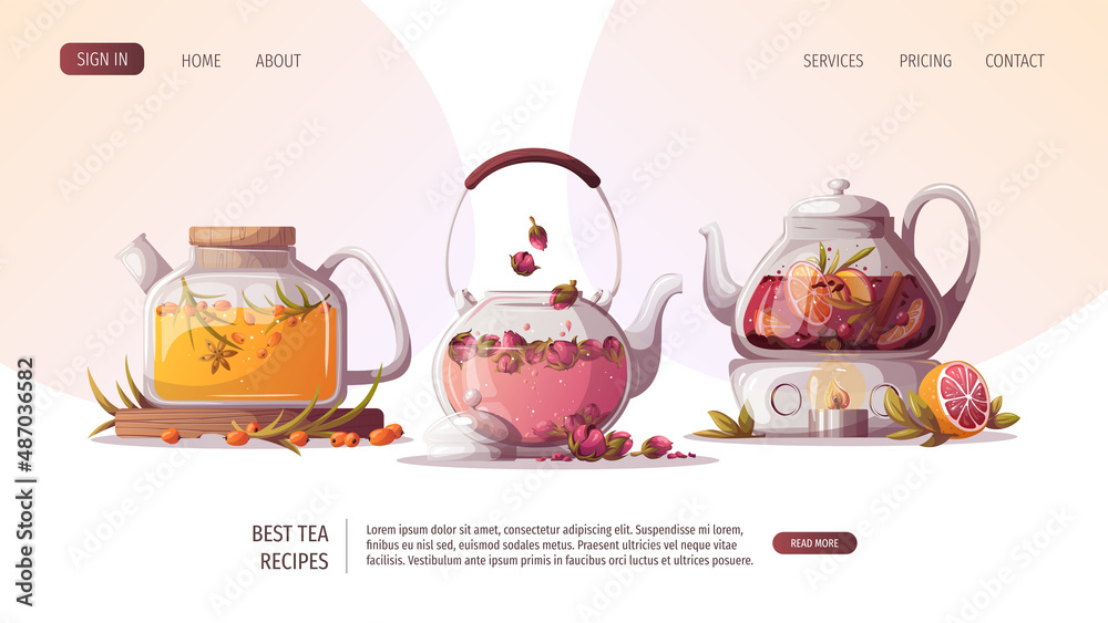 Set of teapots with sea buckthorn, flower and fruit tea. Tea shop ...