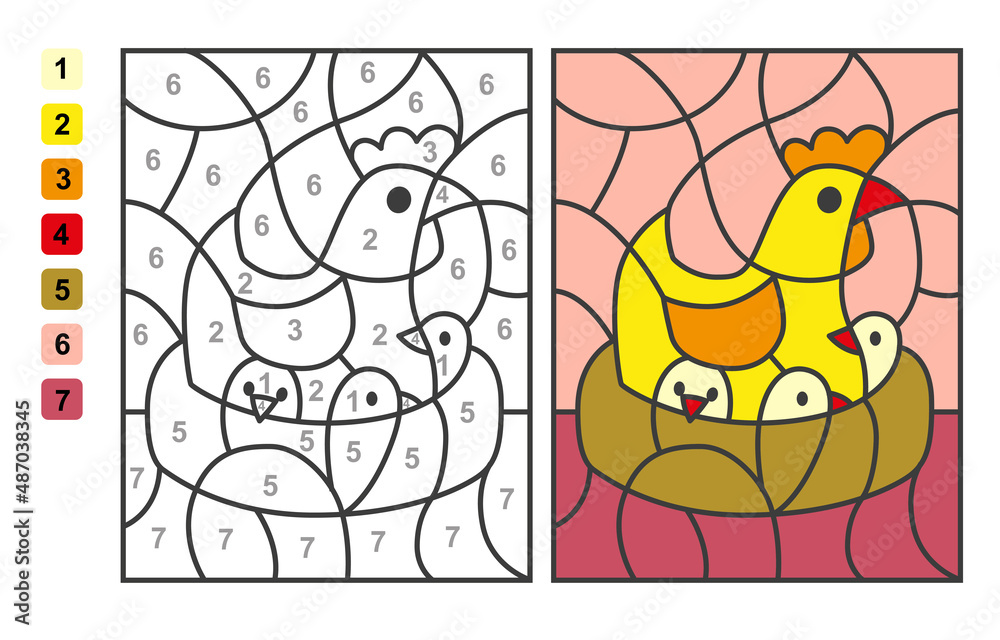 Color by numbers farm animal, chicken on the nest. Puzzle game for ...