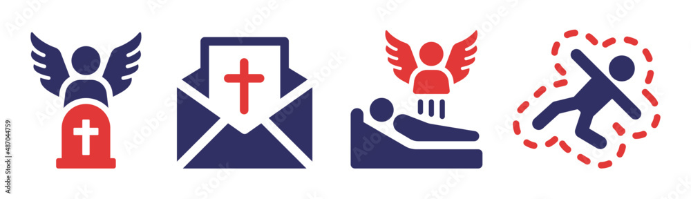 Death icon set. Dead body symbol concept. Grave with angel icon vector ...