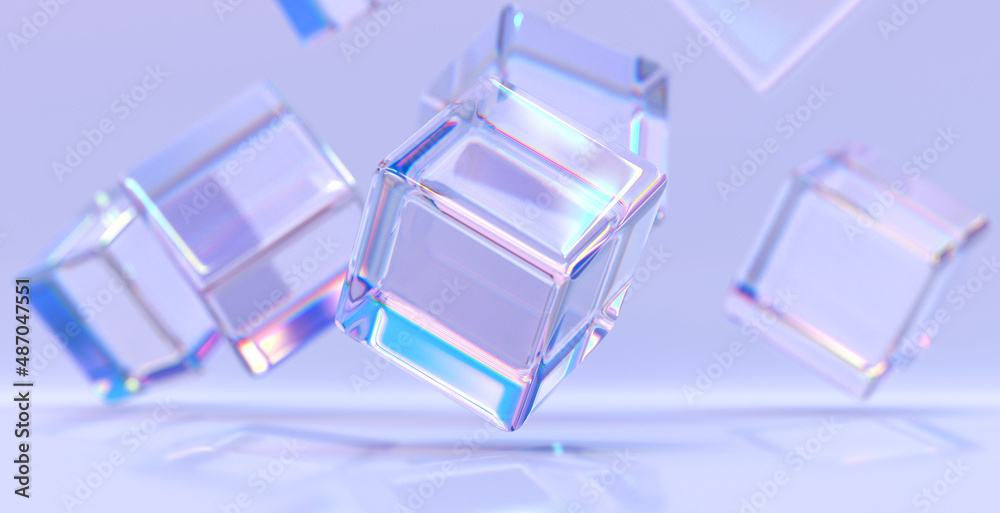 Iridescent crystal cubes or blocks on purple abstract geometry ...