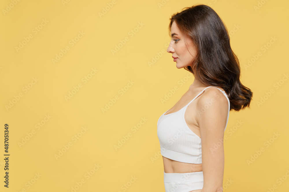 Side profile view young brunette caucasian beautiful skinny woman 20s ...