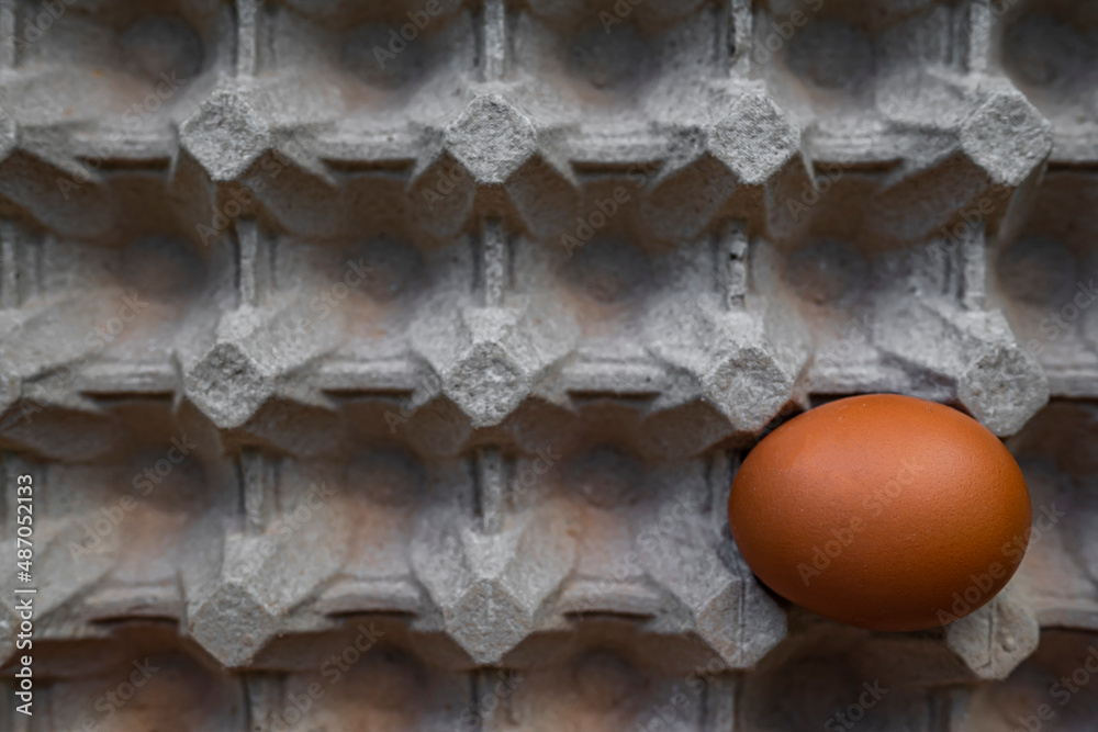 The texture of a single red chicken egg lies in a box. The photo is ...