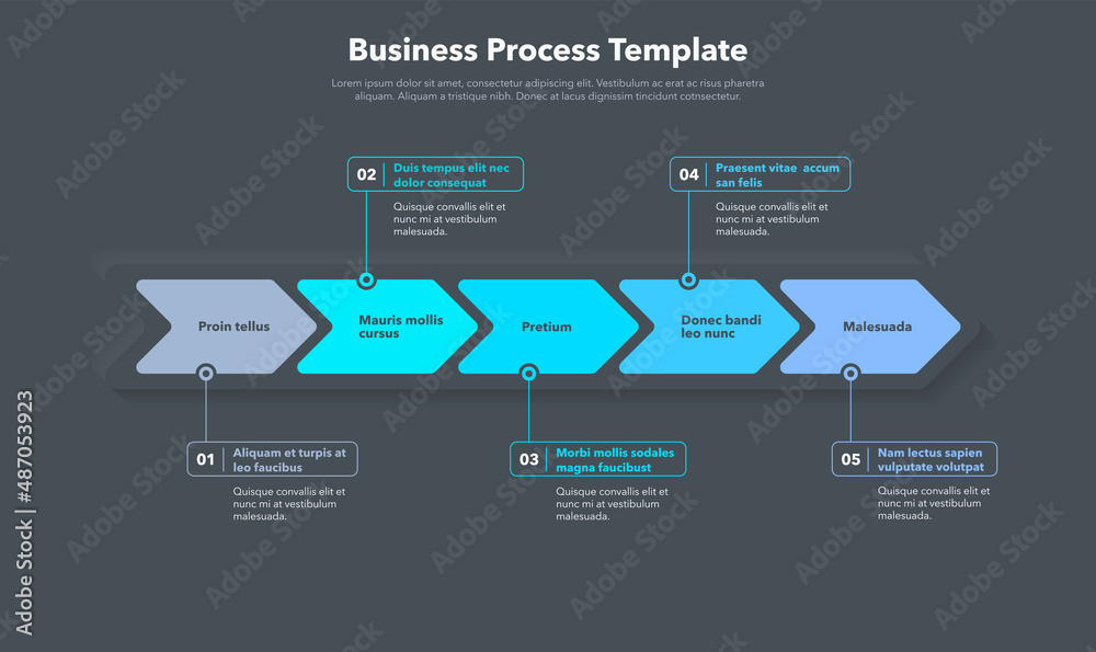 Simple business process template with five colorful steps - dark ...