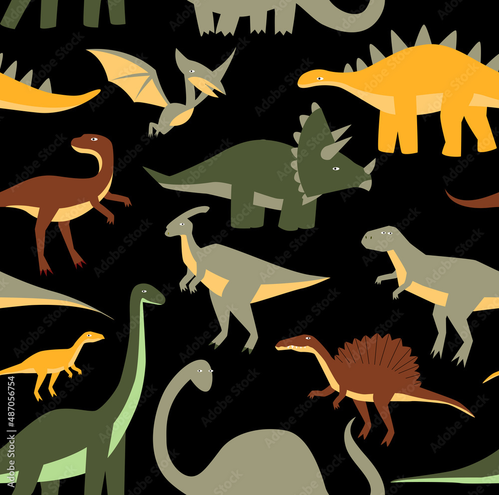 Print. Vector seamless black background with dinosaurs. Cartoon ...