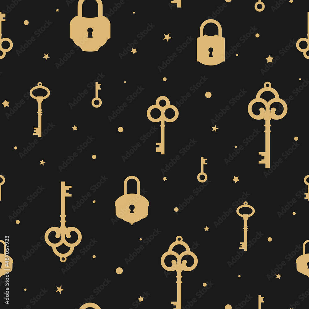 Magic golden keys with stars and vintage locks. Catch luck, tint, hint ...