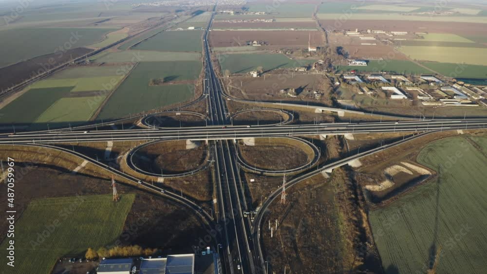 Highway roads infrastructure in Romania. 4k Aerial view video of a big ...