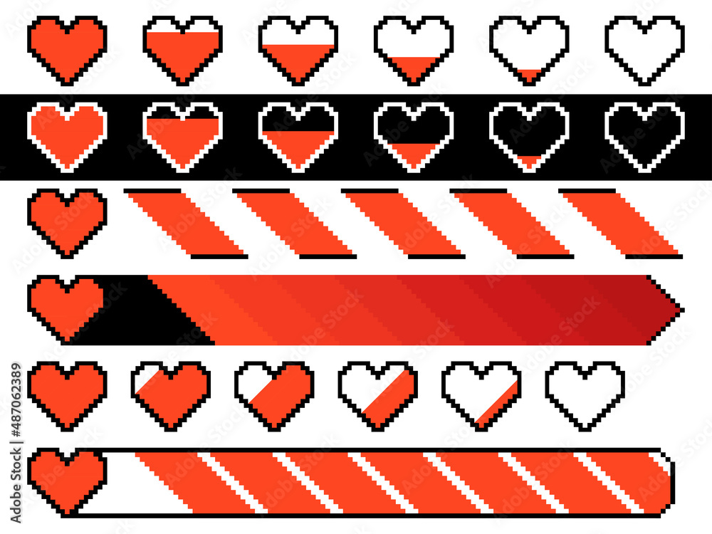 Pixel health bar 8 bit retro game. A set of health strips from pixel ...