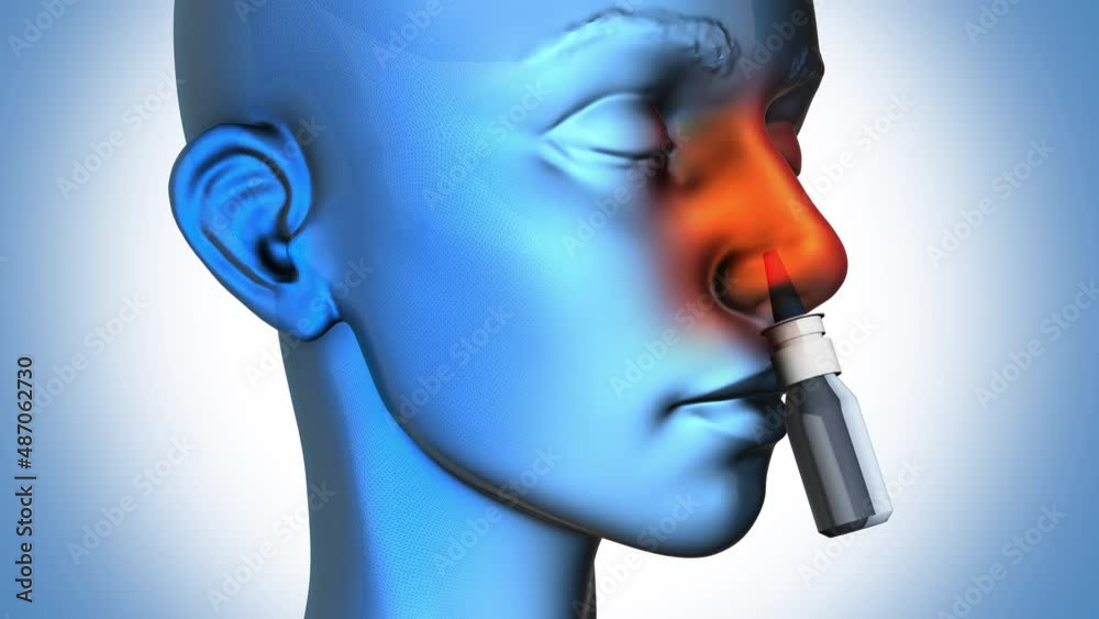Decongestant Nasal Spray - Woman - Blue background - 3d animation model ...