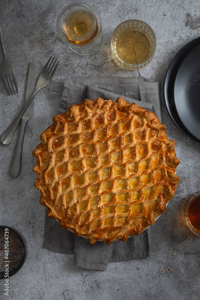 English meat pie. Pork pie. Traditional British pie. Freshly baked ...