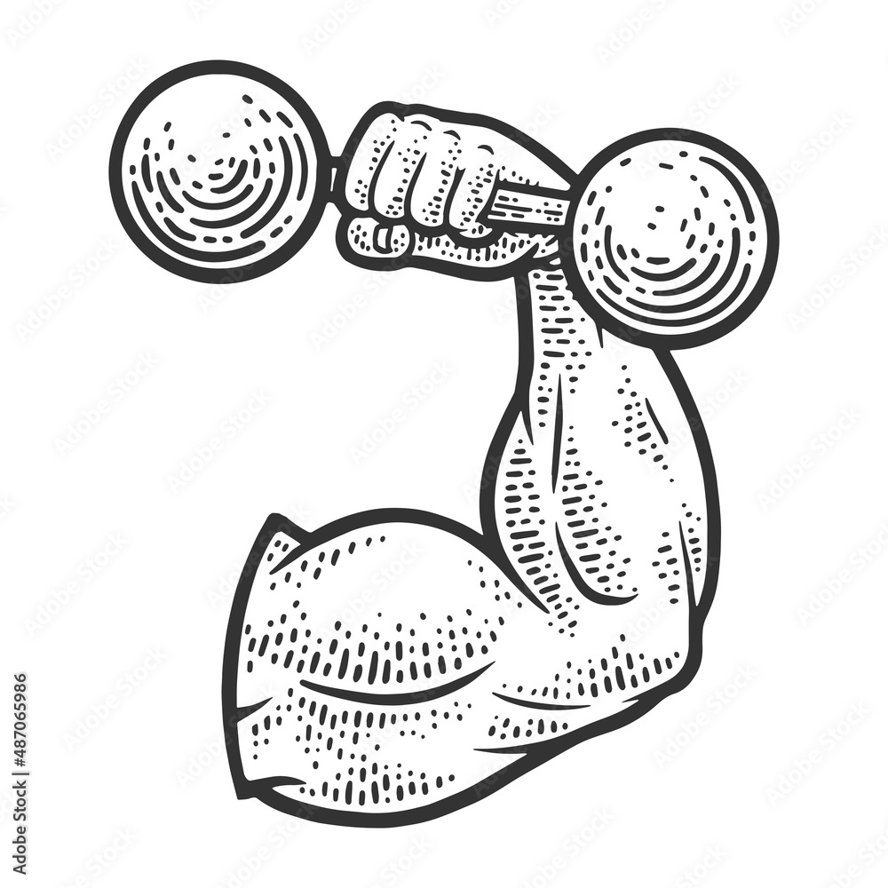 Strongman hand arm with dumbbell sketch engraving raster illustration ...