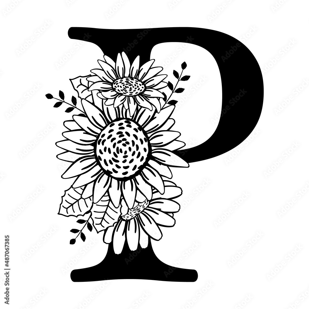Capital letter P with flowers. Monogram, signature, title, screen ...