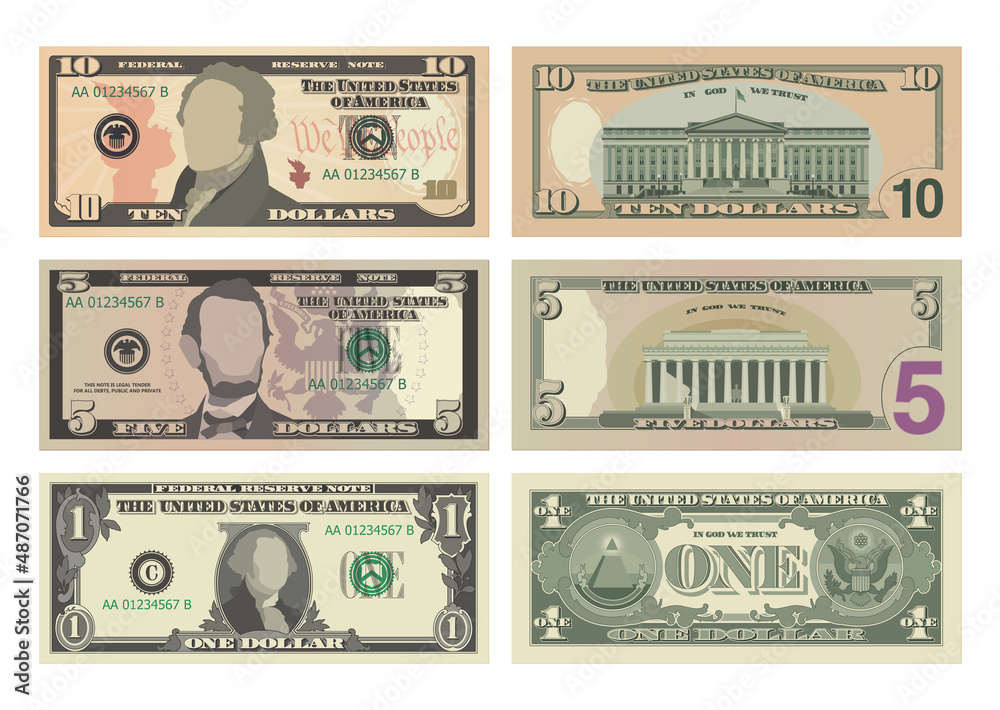 Set of ten dollars, five dollars and one dollar bills from both sides ...