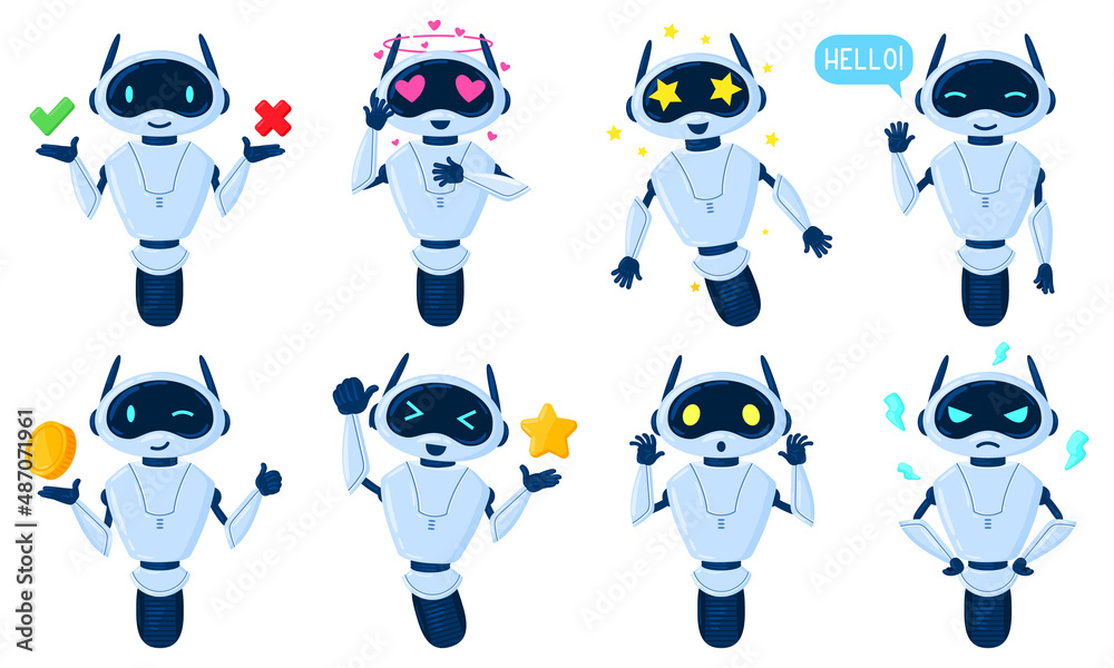 Cartoon chat bot characters, online virtual assistant mascot ...