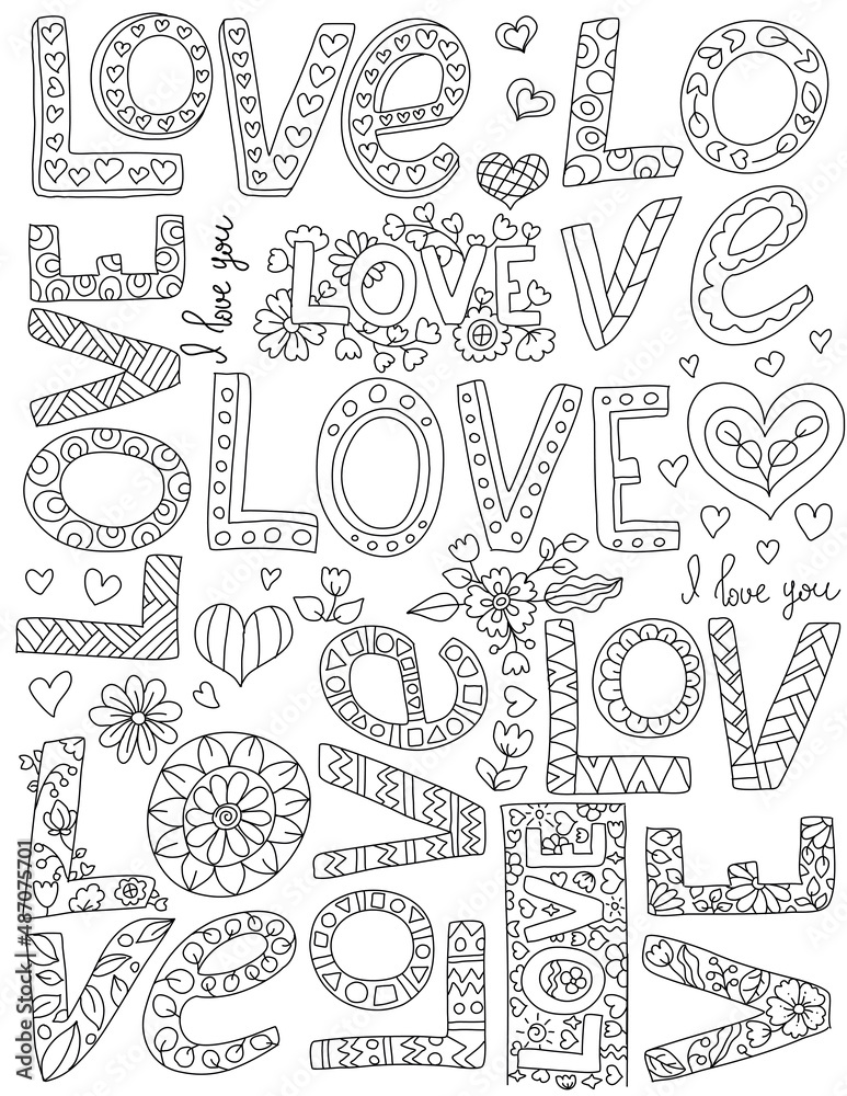 I love you. Hand drawn coloring page for kids and adults. Inspirational ...