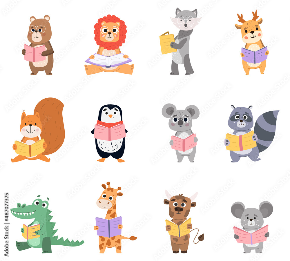 Reading animals characters, bear, lion and wolf read books. Animal kids ...
