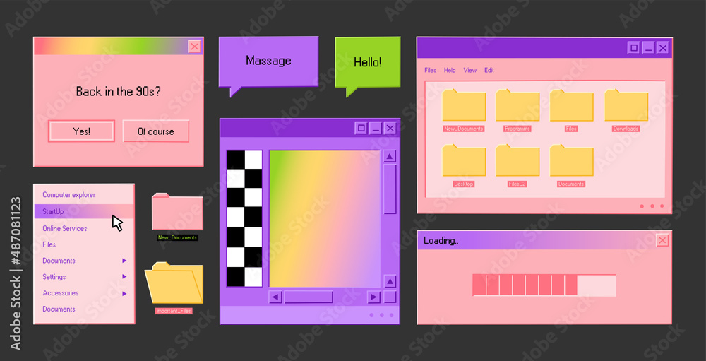 Set of retro user interface tabs and icons. Old computer windows with ...
