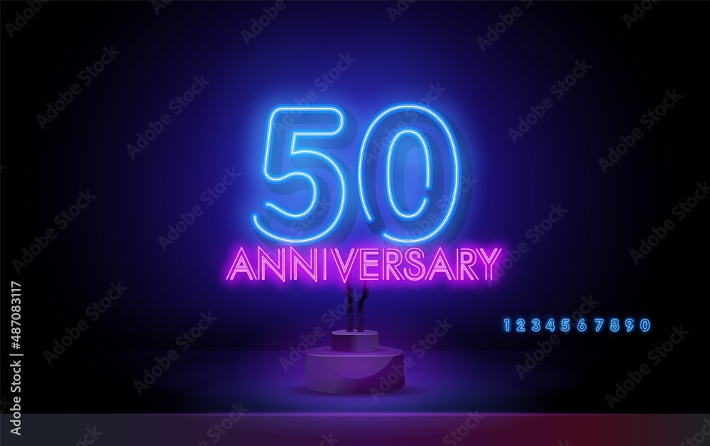 50 years anniversary vector illustration, neon symbol. Graphic design ...