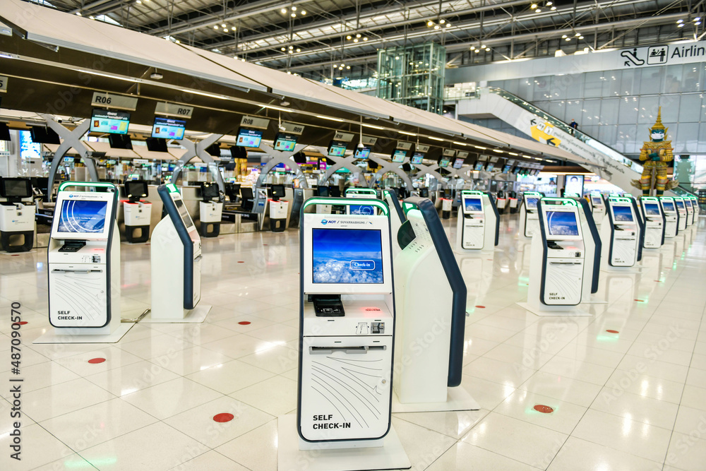 Bangkok, Thailand - Feb 9, 2022 : Automatic self check-in system kiosk ...