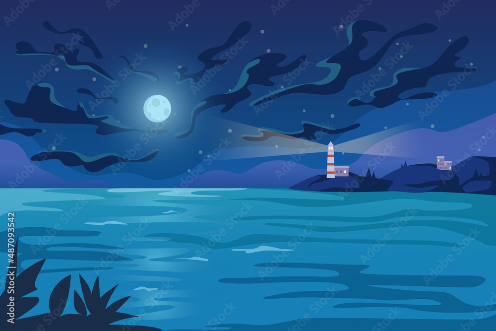 Seascape at night, ocean water and moon with clouds. Vector scenic view ...