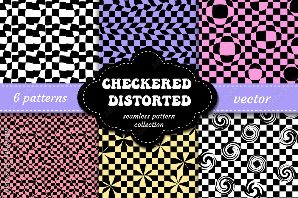 Checkered distorted seamless pattern set. Abstract black and white ...