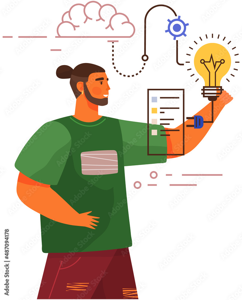 Man working with technical equipment, wires, light bulb. Different ...