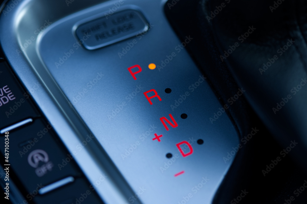 Automatic Car gear position control panel and the gear lever at parking ...
