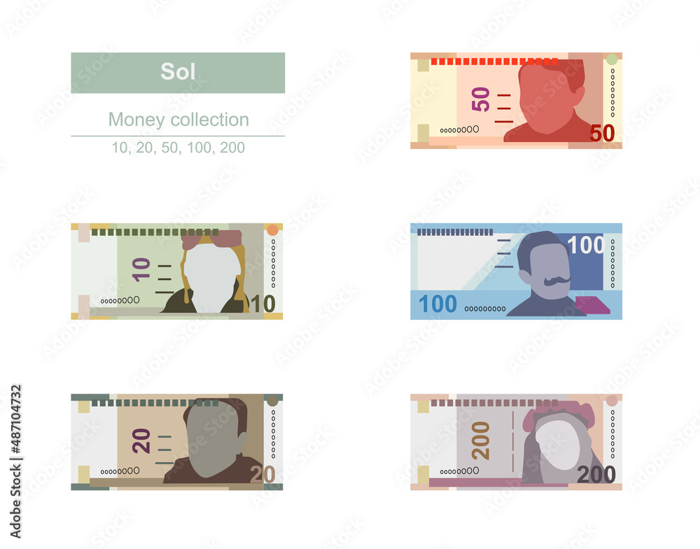 Peruvian New Sol Vector Illustration. Peru money set bundle banknotes ...