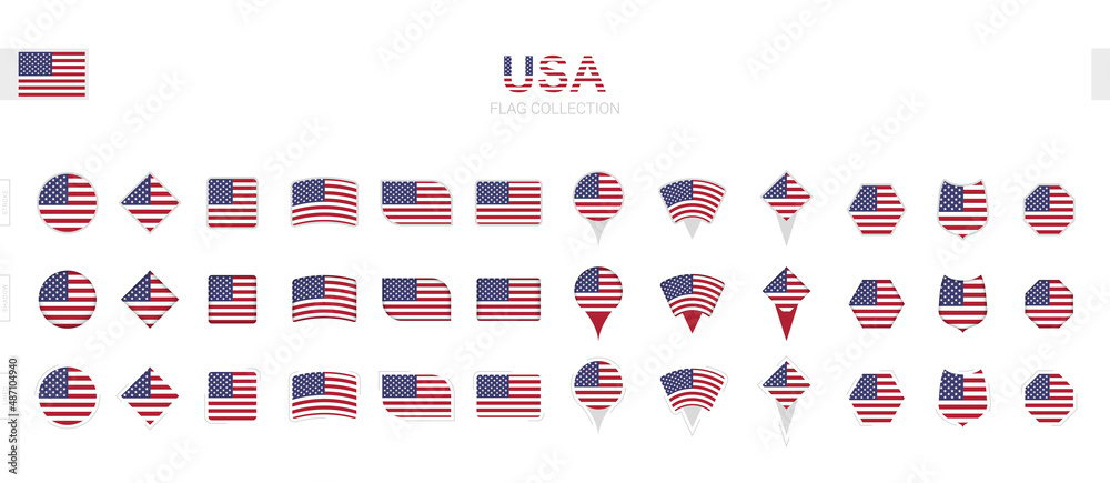 Large collection of USA flags of various shapes and effects. Stock ...