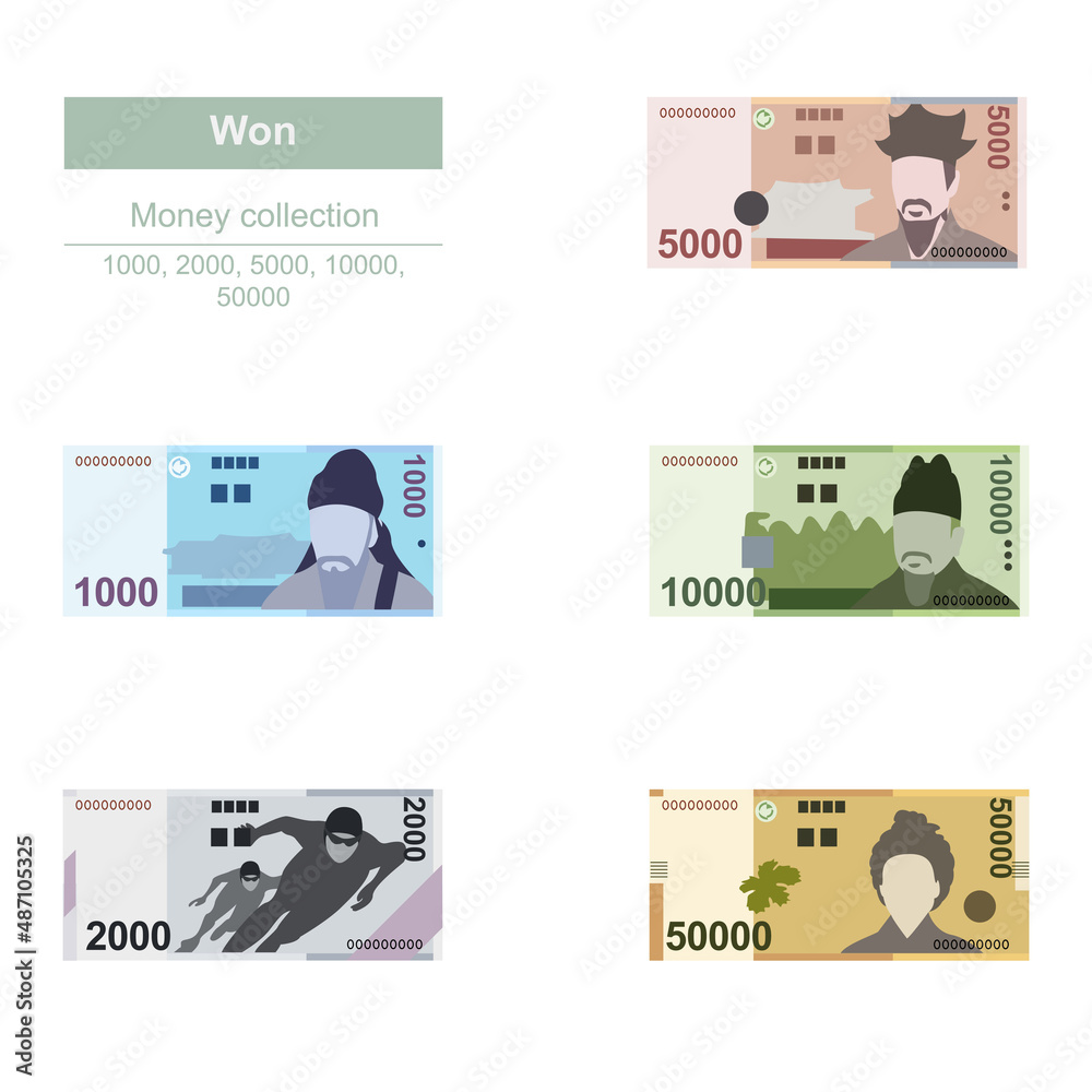 South Korean Won Vector Illustration. South Korea money set bundle ...