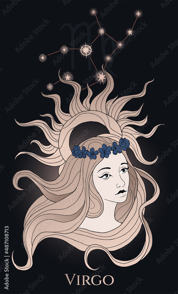 female portrait with long hair, virgo sign, cosmic, night sky ...