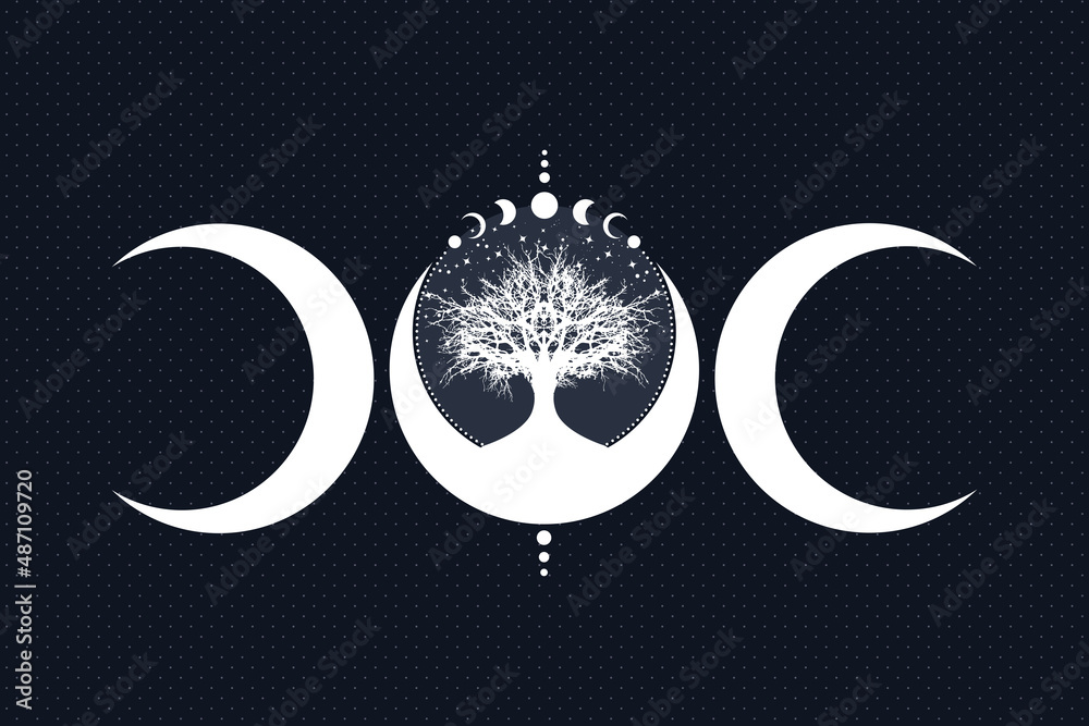 Sacred tree and crescent moon. Hand drawn Mystical Moon Phases, tree of ...