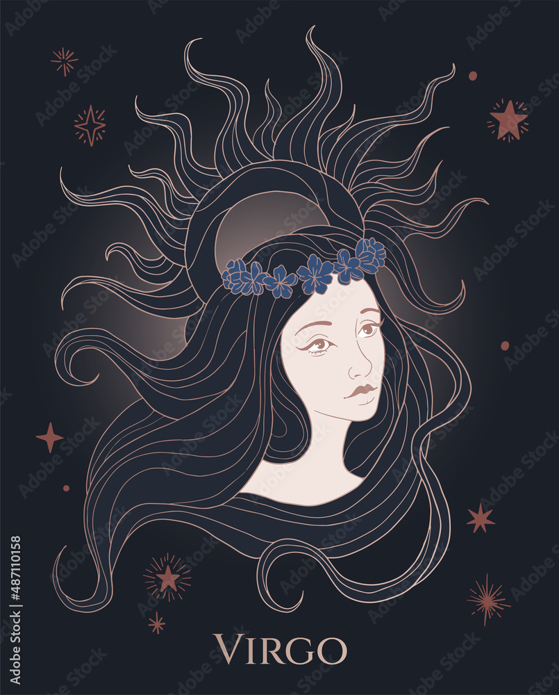 female portrait with long hair, virgo sign, cosmic, night sky ...