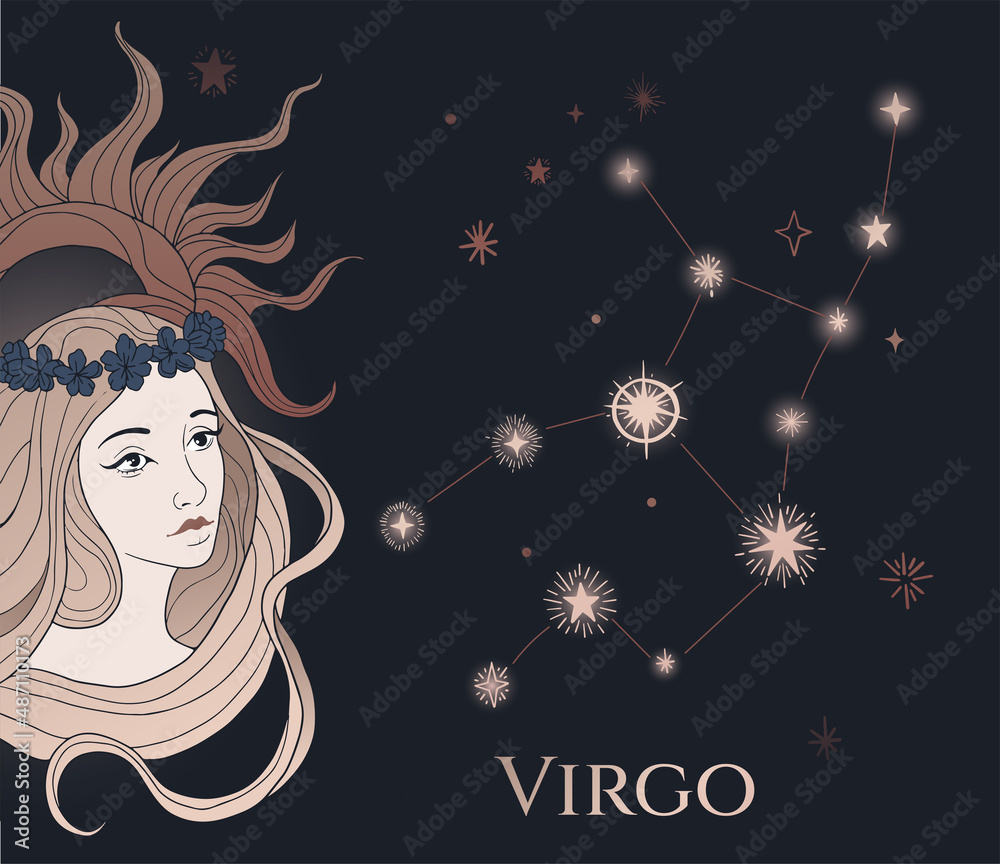 female portrait with long hair, virgo sign, cosmic, night sky ...