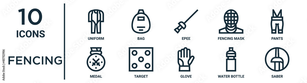 fencing outline icon set includes thin line uniform, epee, pants ...