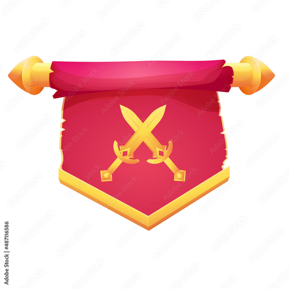 Red hanging medieval banner flag with cloth texture, golden decoration ...