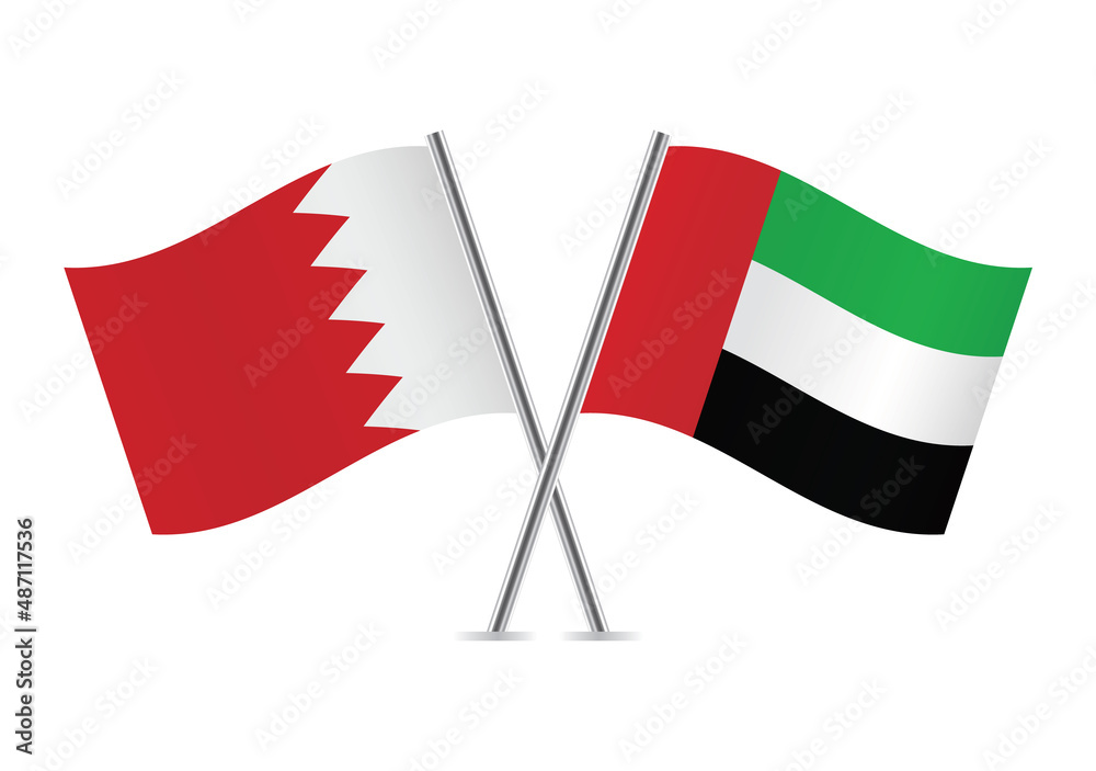 Bahrain and the United Arab Emirates crossed flags. Bahraini and UAE ...