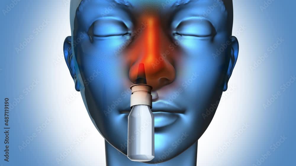 Decongestant Nasal Spray - Woman front view- Blue background - 3d ...