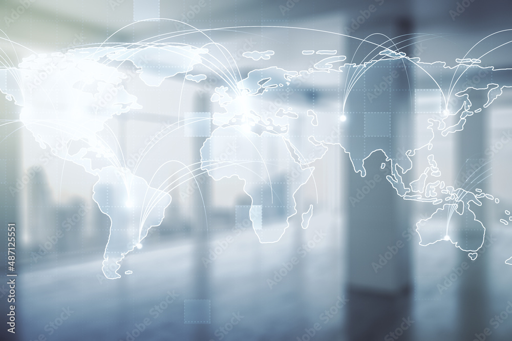 Abstract graphic digital world map hologram with connections on modern ...