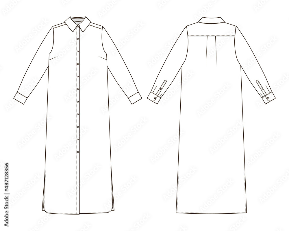 Fashion technical drawing of long sleeves shirt-dress with collar Stock ...
