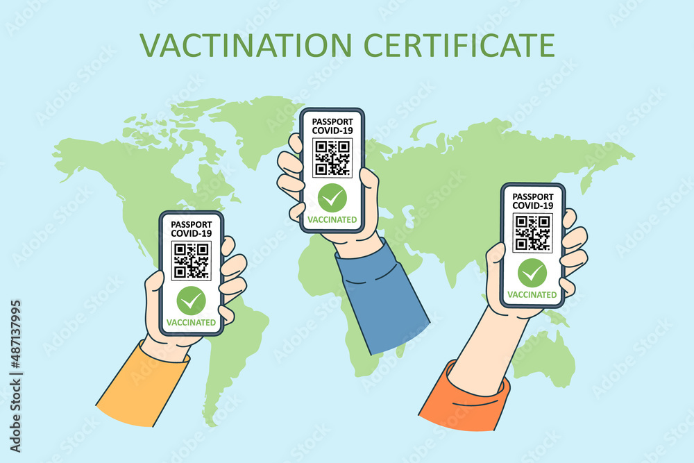 Hands holding smartphones with the QR code of the health passport ...