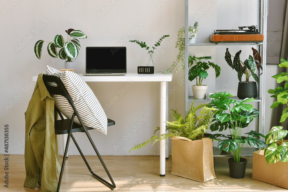 Home office decorate with green nature tree plants, Workspace and ...