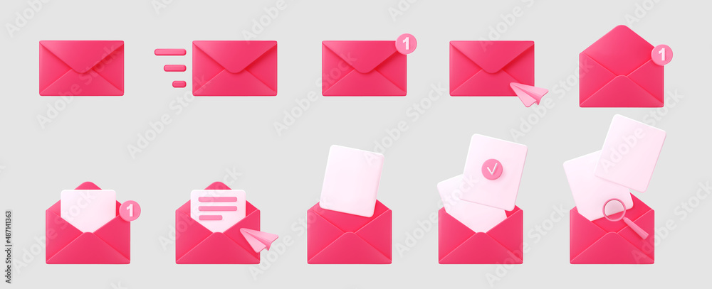 3d pink mail envelope icon set with marker new message isolated on grey ...