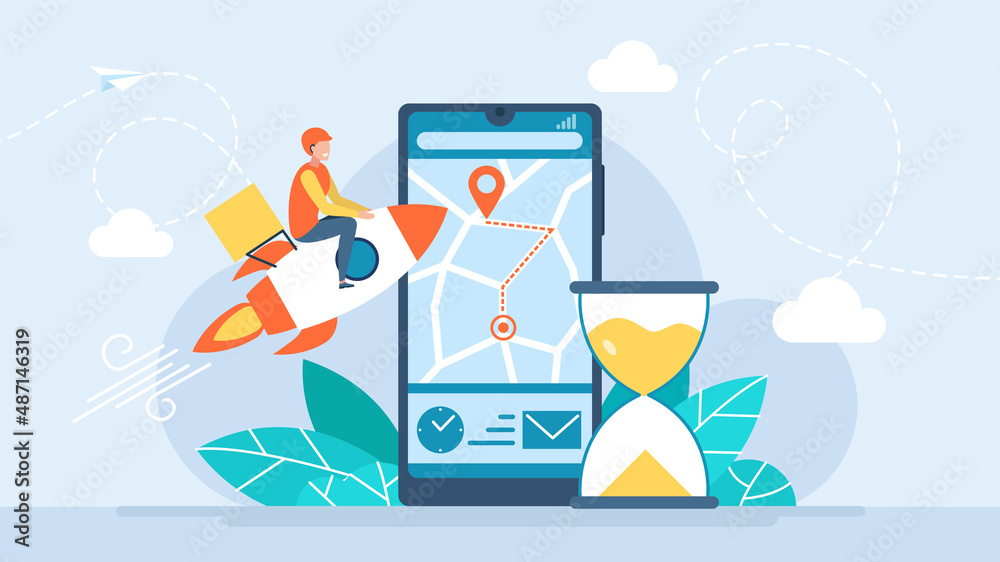 Express Delivery. Young courier on a rocket with a backpack. Freight ...