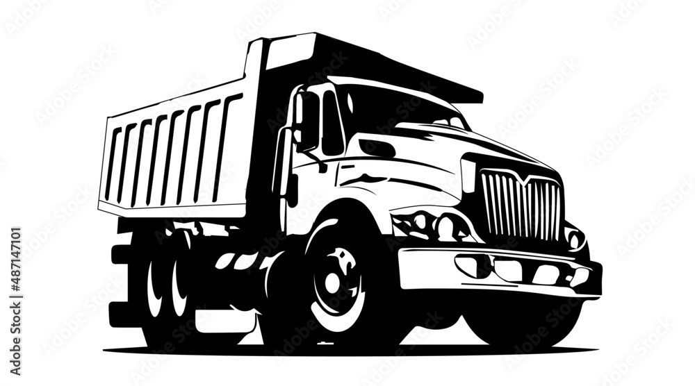 Vetor de Dump truck silhouette vector. Tipper truck black and white ...