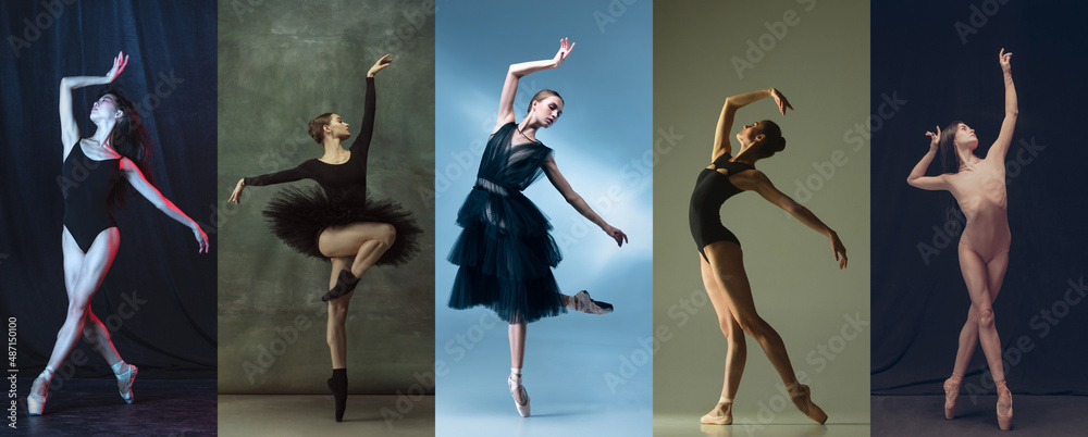 Flexibility and emotions. Collage of portraits of female ballet dancers ...
